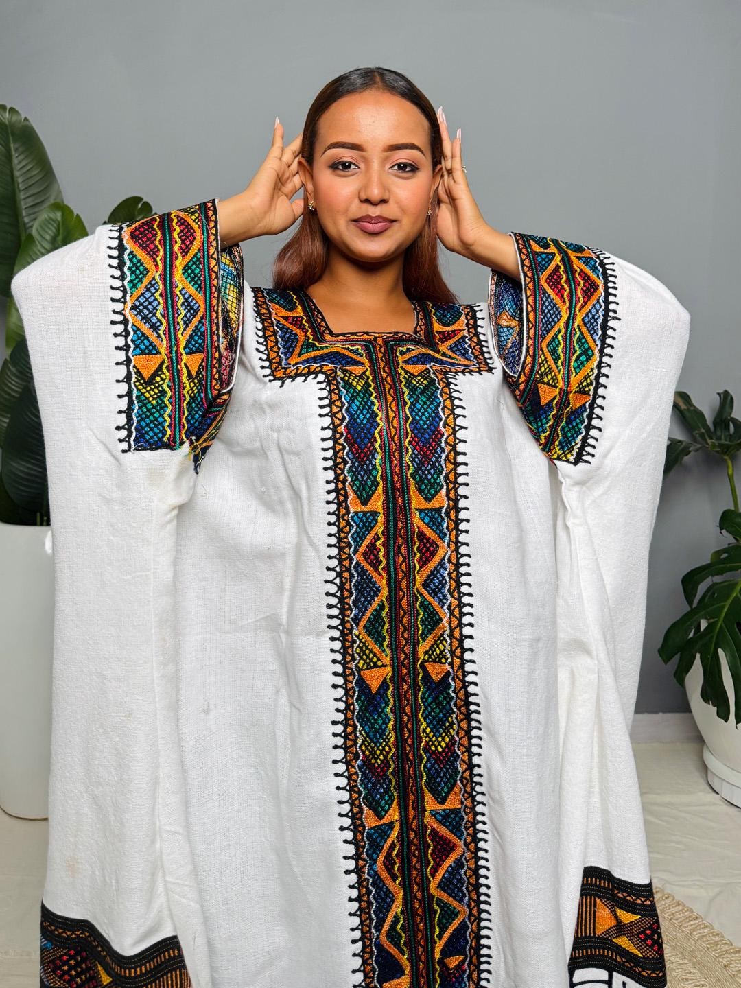 Traditional Ethiopian Habesha Kemis | White Cotton Dress | Orange Cross ...