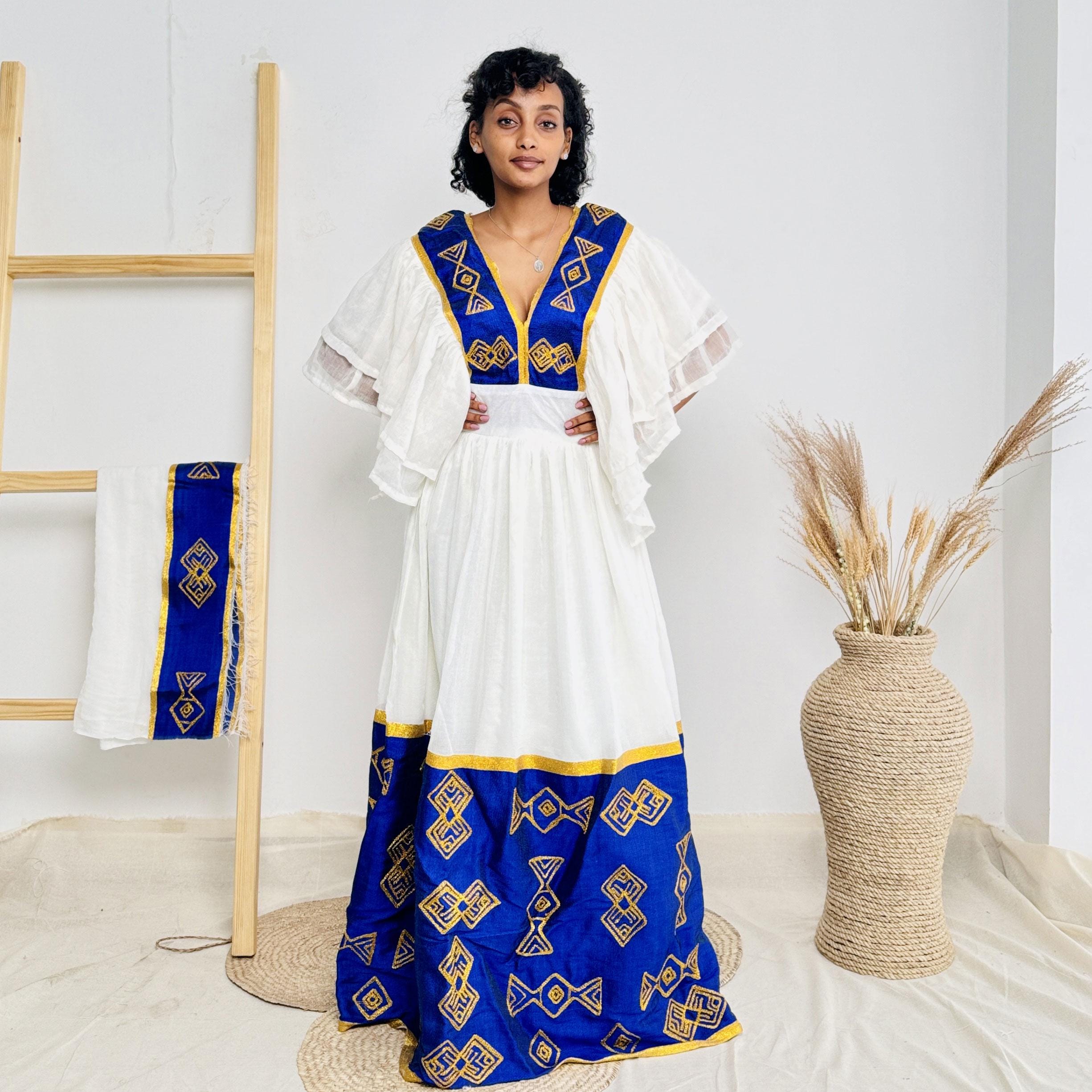 Dark Blue Habesha Dress With Unique Patterns Stylish Ethiopian Dress ...