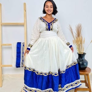 Royal Blue Ethiopian Handwoven Dress | Gold Chain Tibeb on White Menen ...