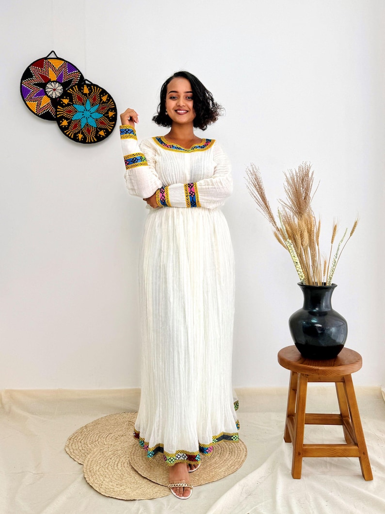Handwoven Ethiopian Habesha Kemis | White Cotton Dress With Colorful ...