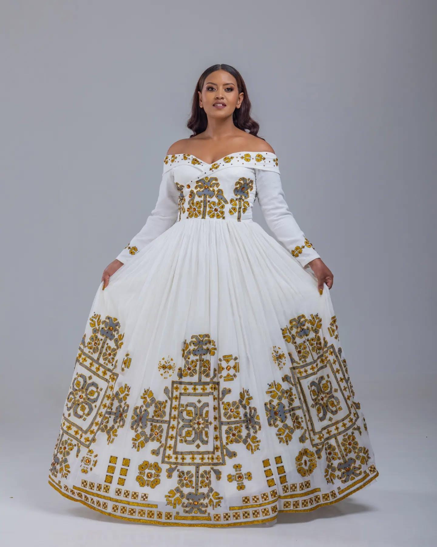Enku Off-shoulder Ethiopian Habesha Kemis | Gold & Silver Embroidery ...