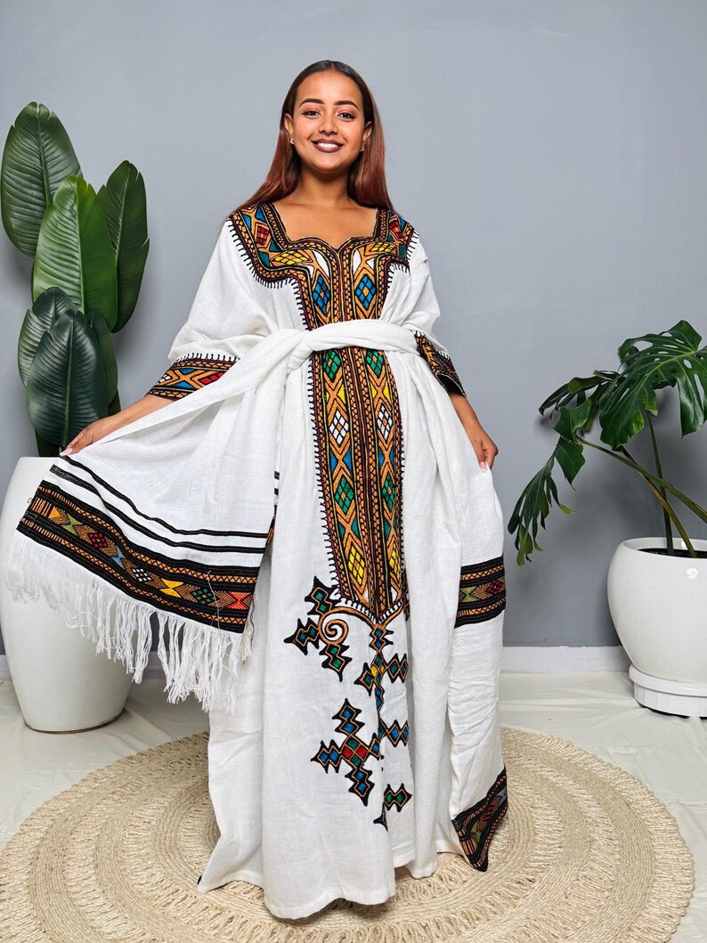 Traditional Ethiopian Habesha Kemis | White Cotton Dress | Orange Cross ...