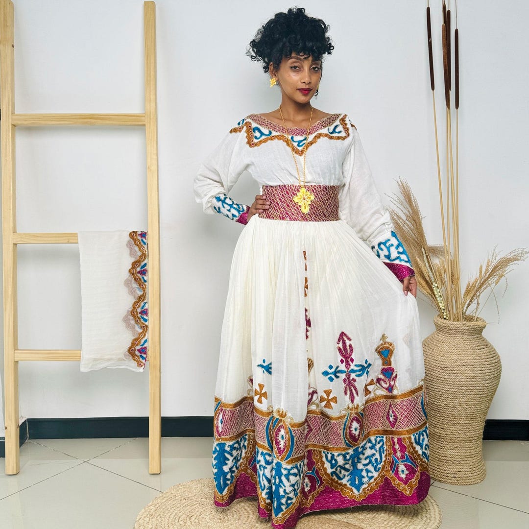 Habesha Dress | Orange and Gold Full-sleeve Embroidered Design ...