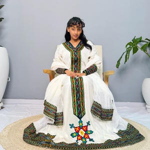 Ethiopian Handwoven Habesha Dress | Diamond Tibeb Embroidery | Long ...