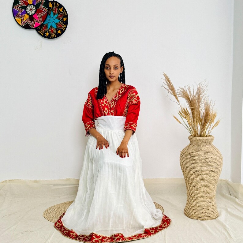 Vibrant Red Habesha Dress With Beautiful Intricate Designs Elegant ...