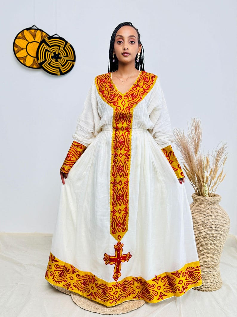 Habesha Dress Orange and Gold Full-sleeve Embroidered Design Special ...