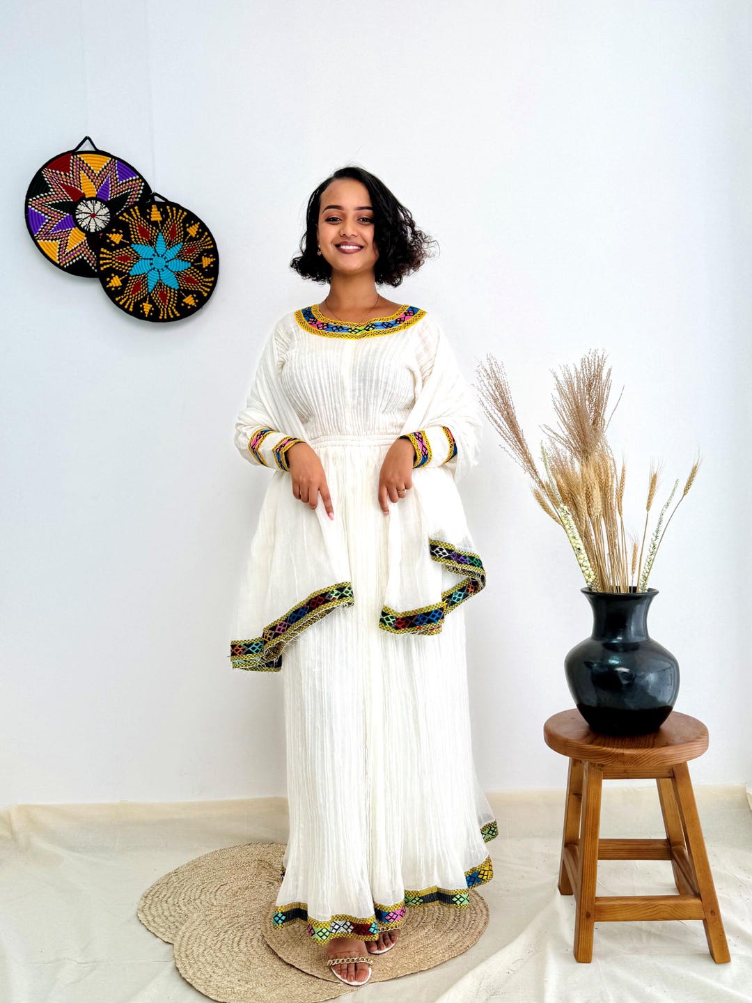 Handwoven Ethiopian Habesha Kemis | White Cotton Dress With Colorful ...