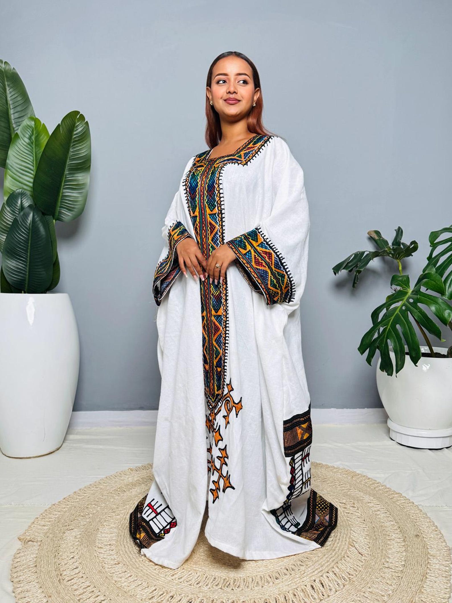 Traditional Ethiopian Habesha Kemis | White Cotton Dress | Orange Cross ...