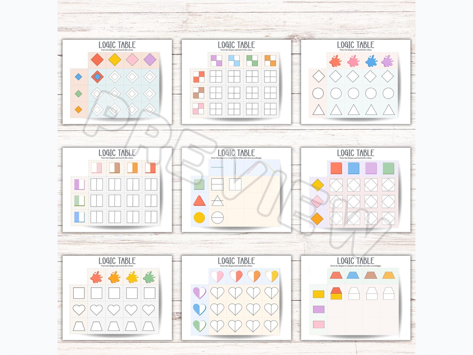 10 Easy Logic Table Bundle Printable Shapes and Colors Logic Table ...