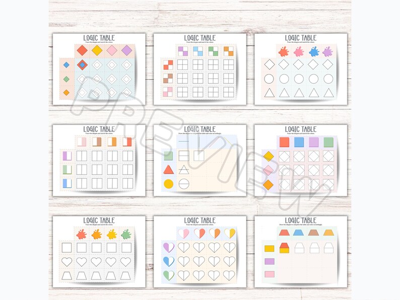10 Easy Logic Table Bundle Printable Shapes and Colors Logic Table ...