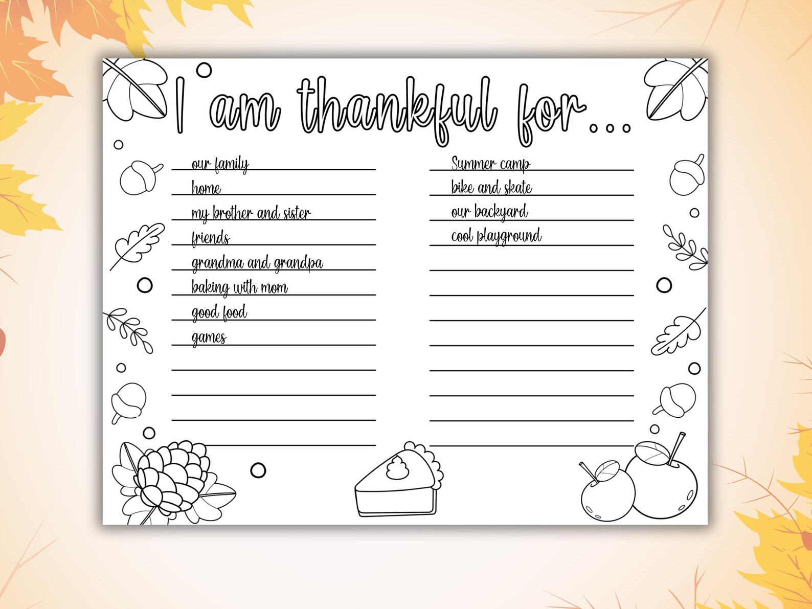 I Am Thankful for Printable Activity for Kids, Thankful List, Family Thanksgiving Craft, Fall ...