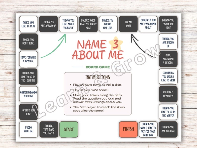 Getting to Know You Board Game Printable | Name 3 About Me | Back to ...