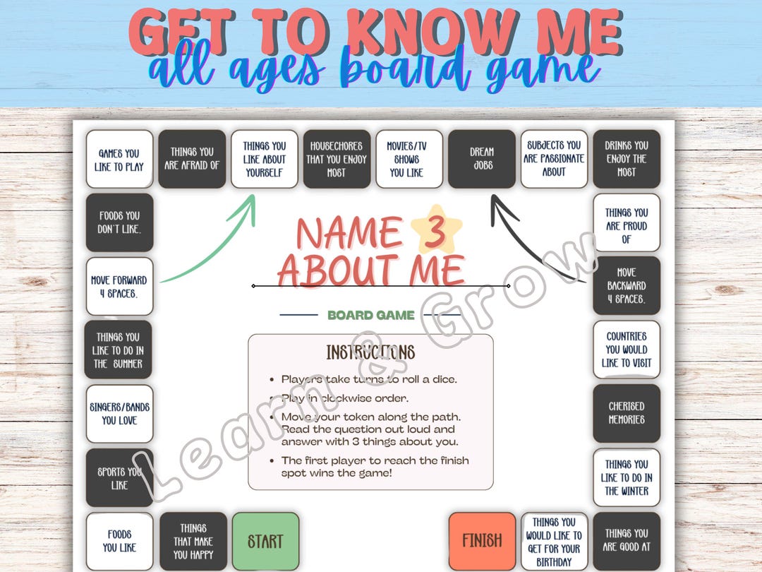 Get to Know You Board Game Printable for All Ages Name 3 About Me All ... Get to Know You Board Game Printable for All Ages Name 3 About Me All ...