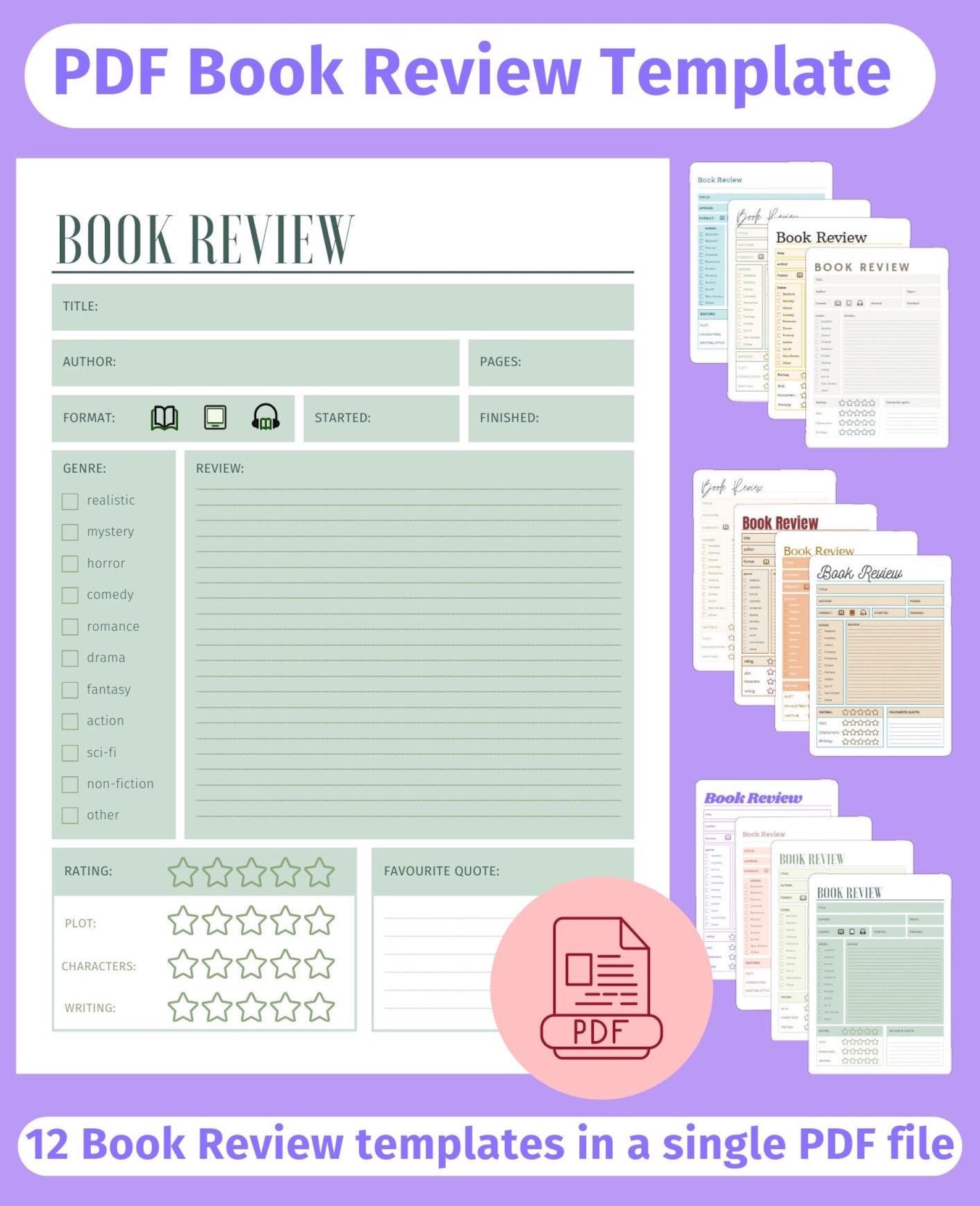 Printable Book Review Template PDF | 12 Styles | Digital Download for ...
