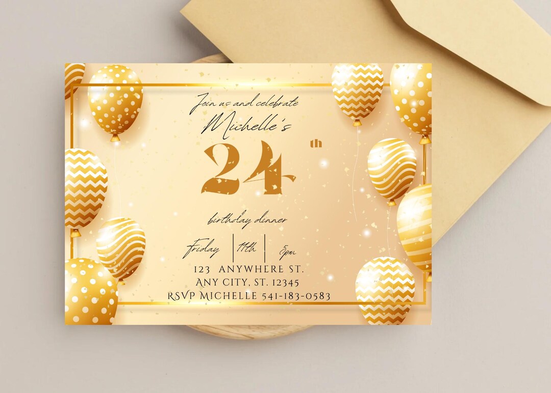 Gold Balloon 24th Birthday Invitation Card: Editable Template (digital ...
