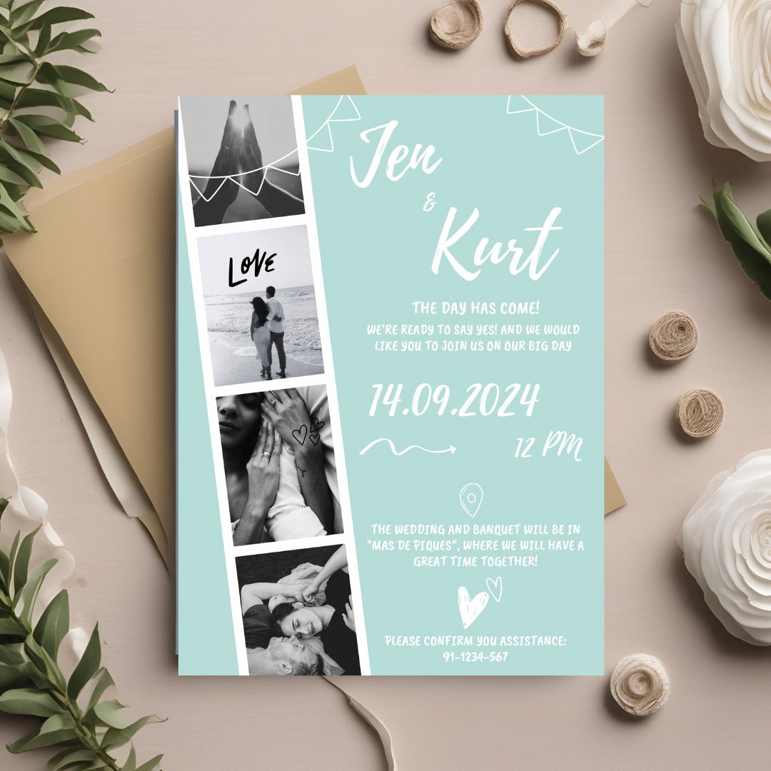 Photo Booth Wedding Invitation With Customizable Photos, 5 X 7 Inches ...