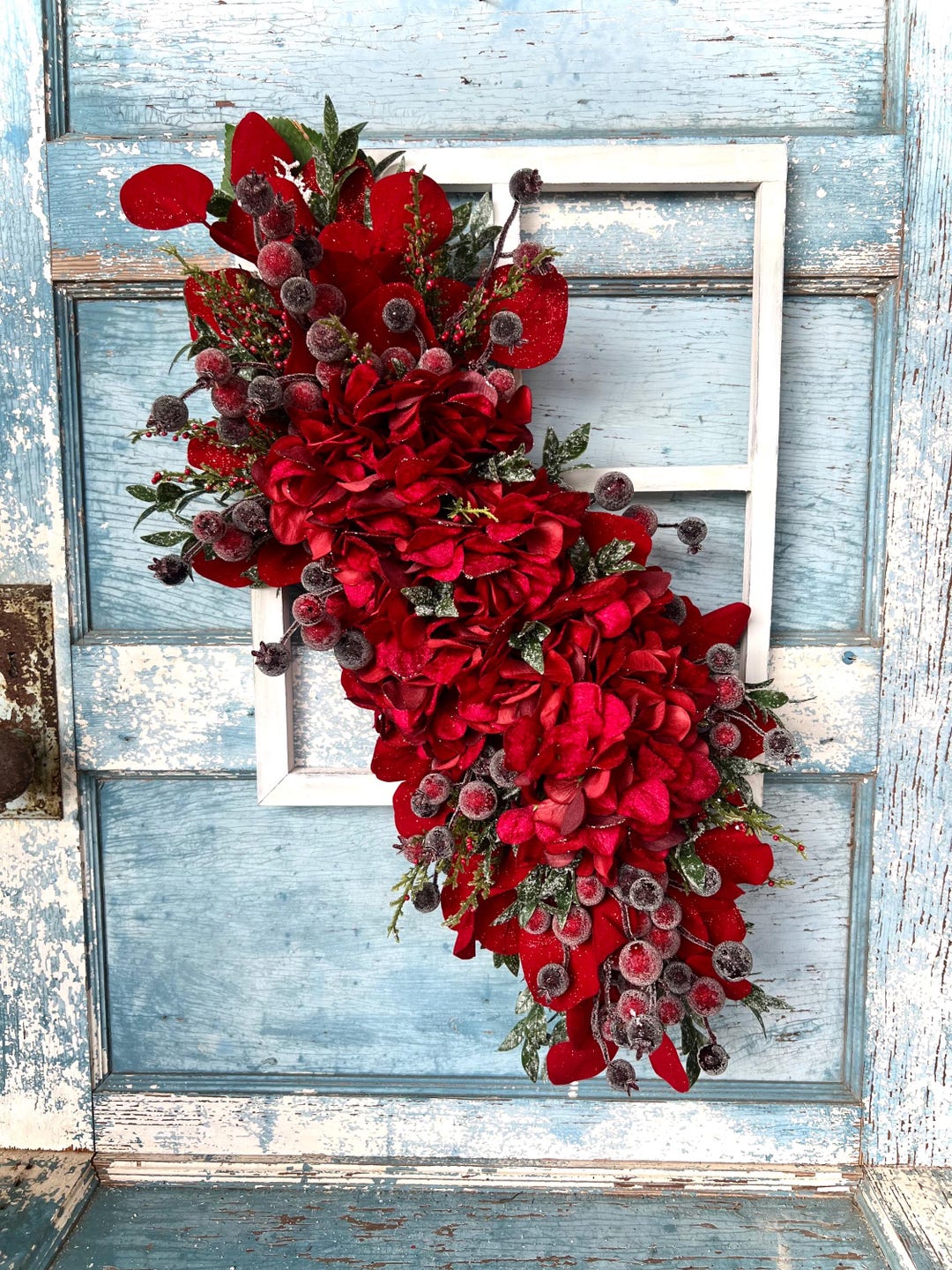 Holiday Farmhouse Floral Window Frame, 28"x20"x8" Rustic Red Floral ...
