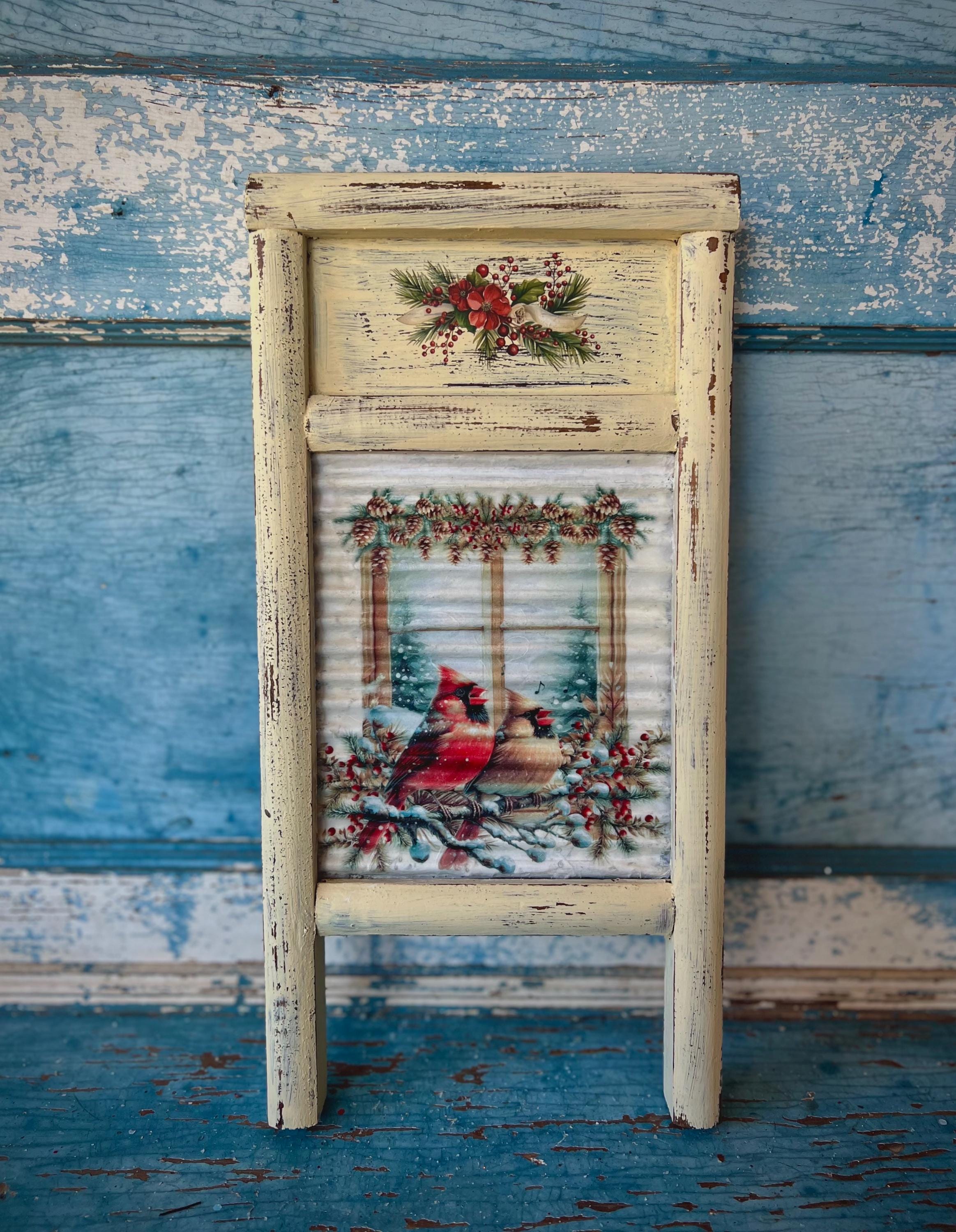 Decoupaged Cardinal Washboard, 15"x7" Vintage Farmhouse Winter ...
