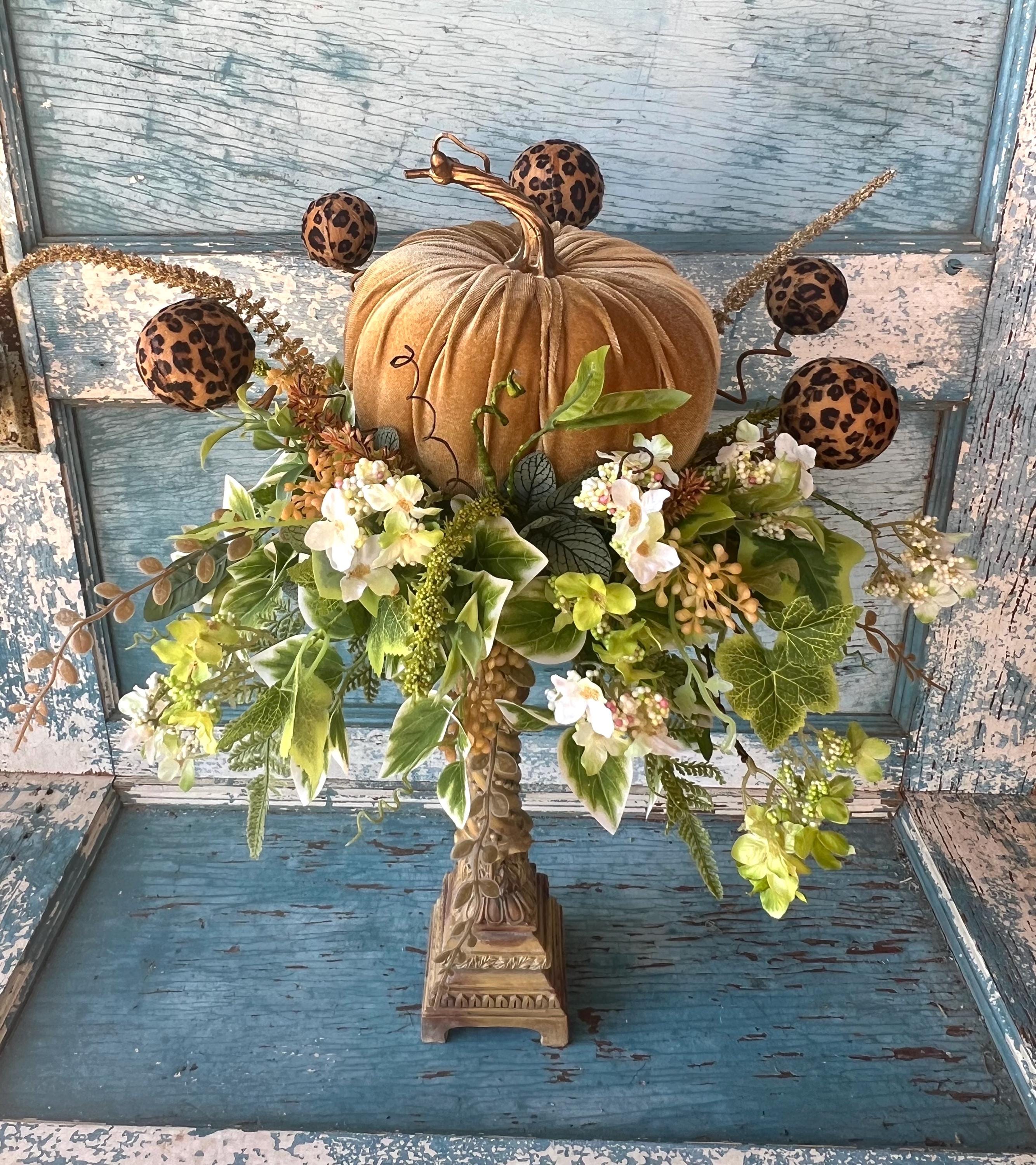 Pumpkin Floral Candlestick Arrangement, Fall Pumpkin Centerpiece, Fall ...