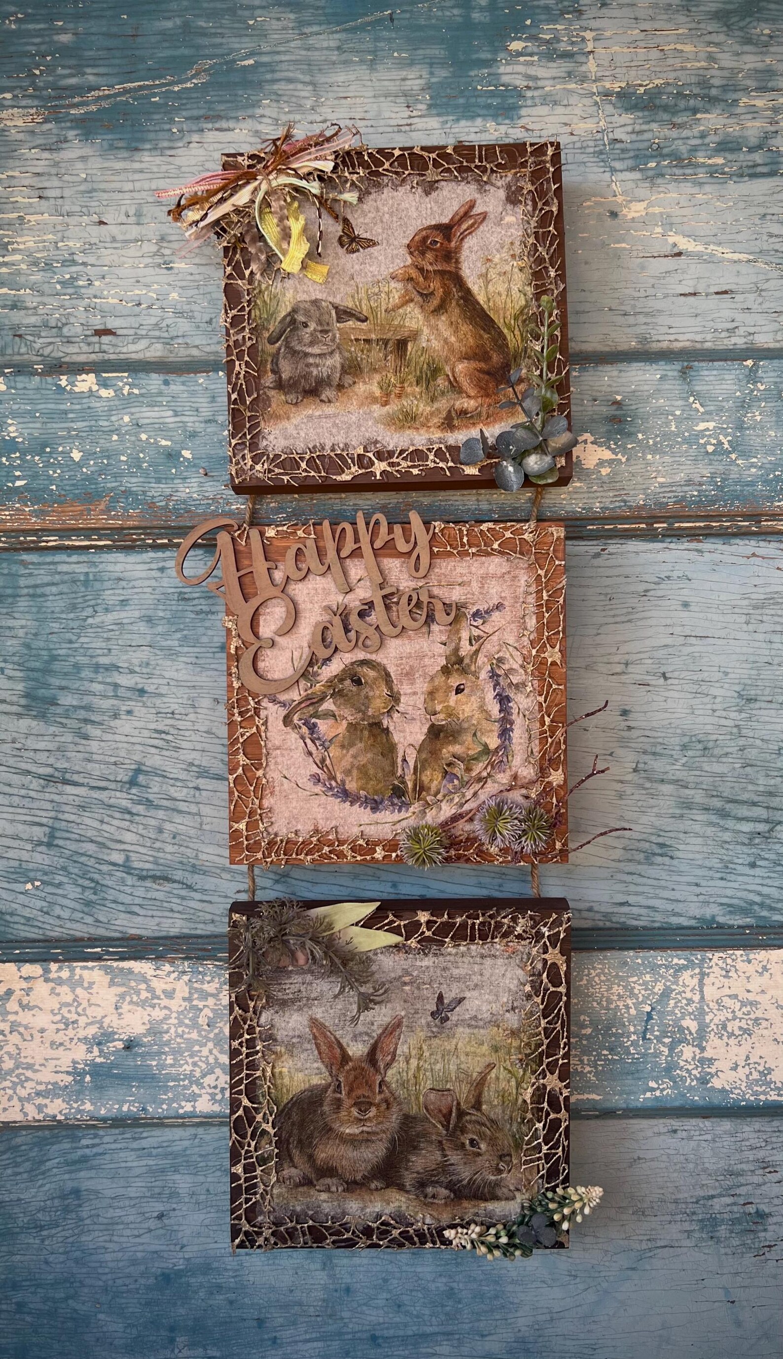 Happy Easter Decoupaged Wooden Plaques, Set/3 Bunny Wall Paques, 26 X 9 ...