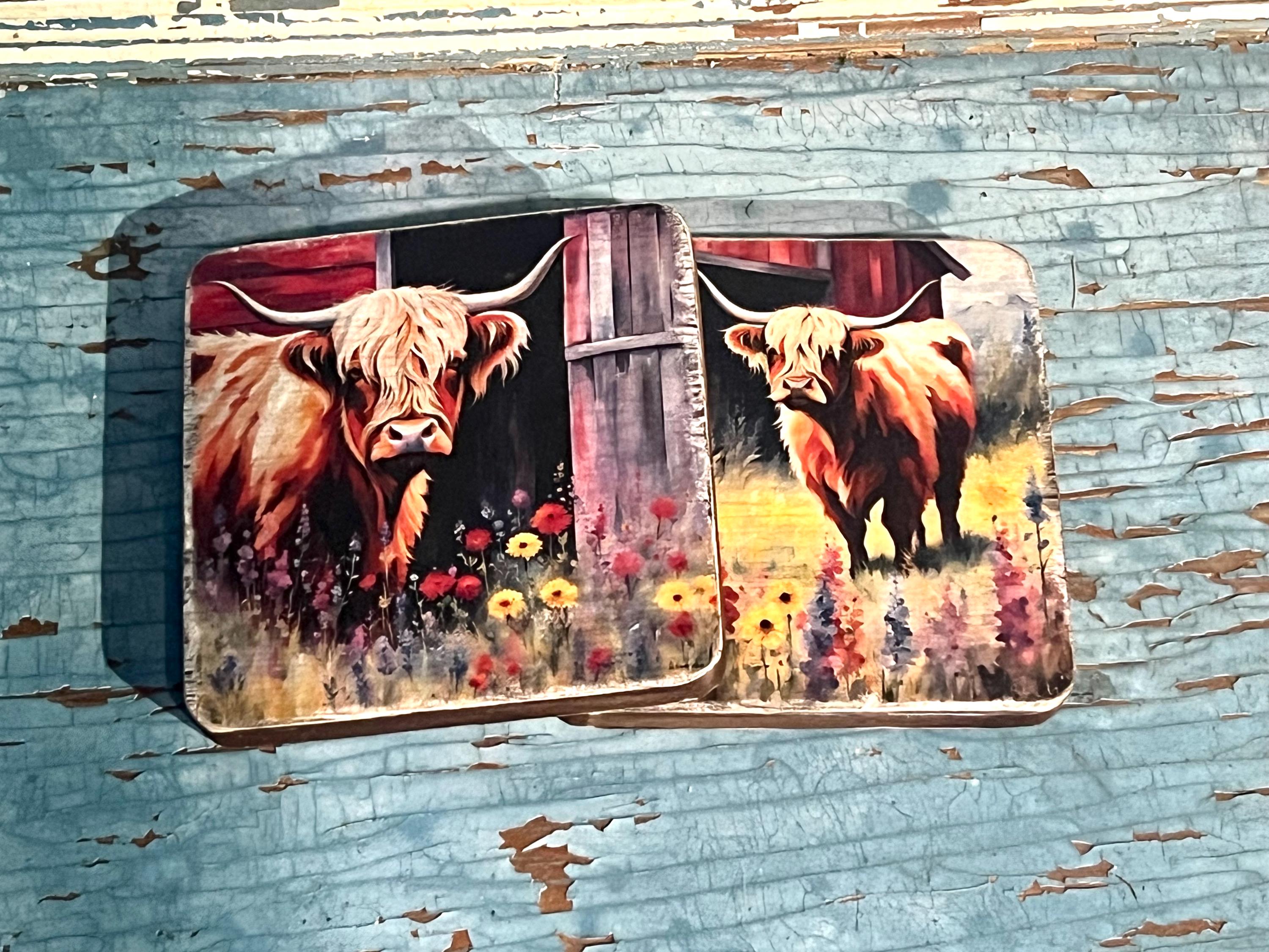 Set/2 Hyland Cow Wooden Coasters, Hyland Cow Decoupaged Wooden Coasters ...