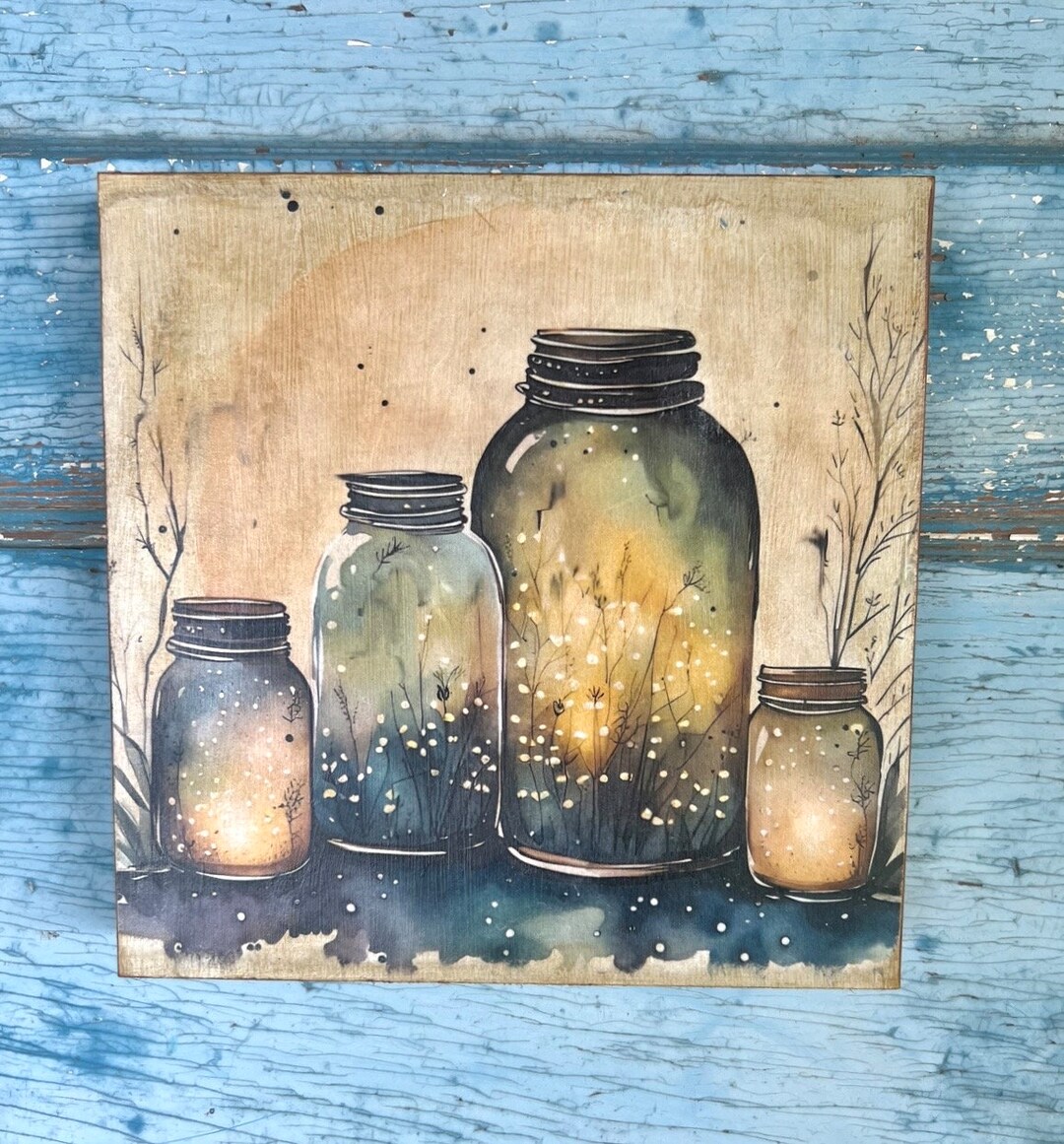 Summer Firefly Decoupaged Wooden Block, Mason Jars and Fireflies Decoupaged Block, 8x8 ...