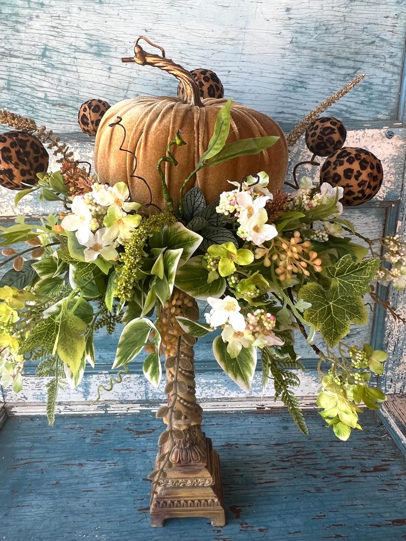 Pumpkin Floral Candlestick Arrangement, Fall Pumpkin Centerpiece, Fall ...