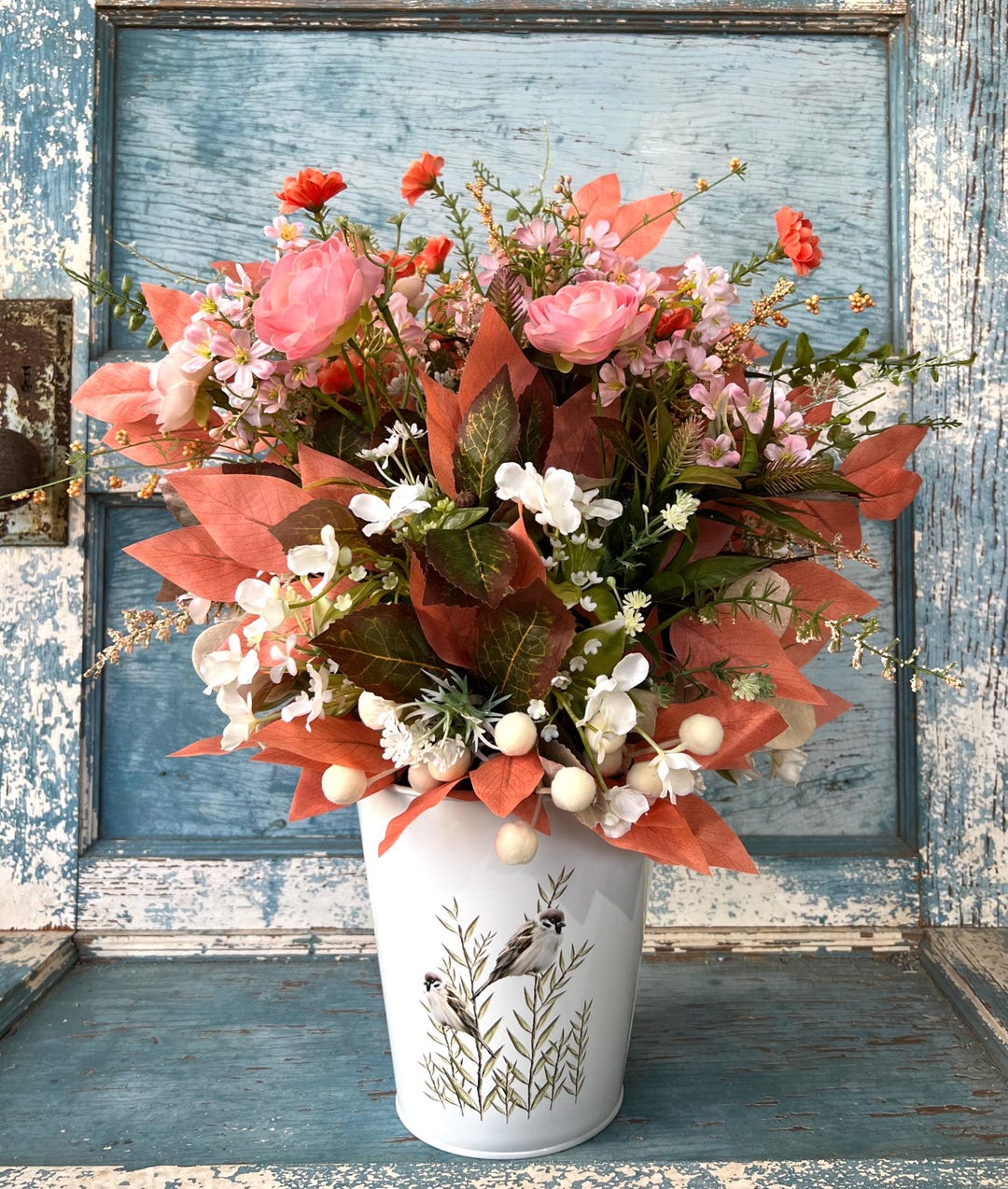Sparrow Bucket Floral Centerpiece: Coral, White, and Beige Decor - Etsy