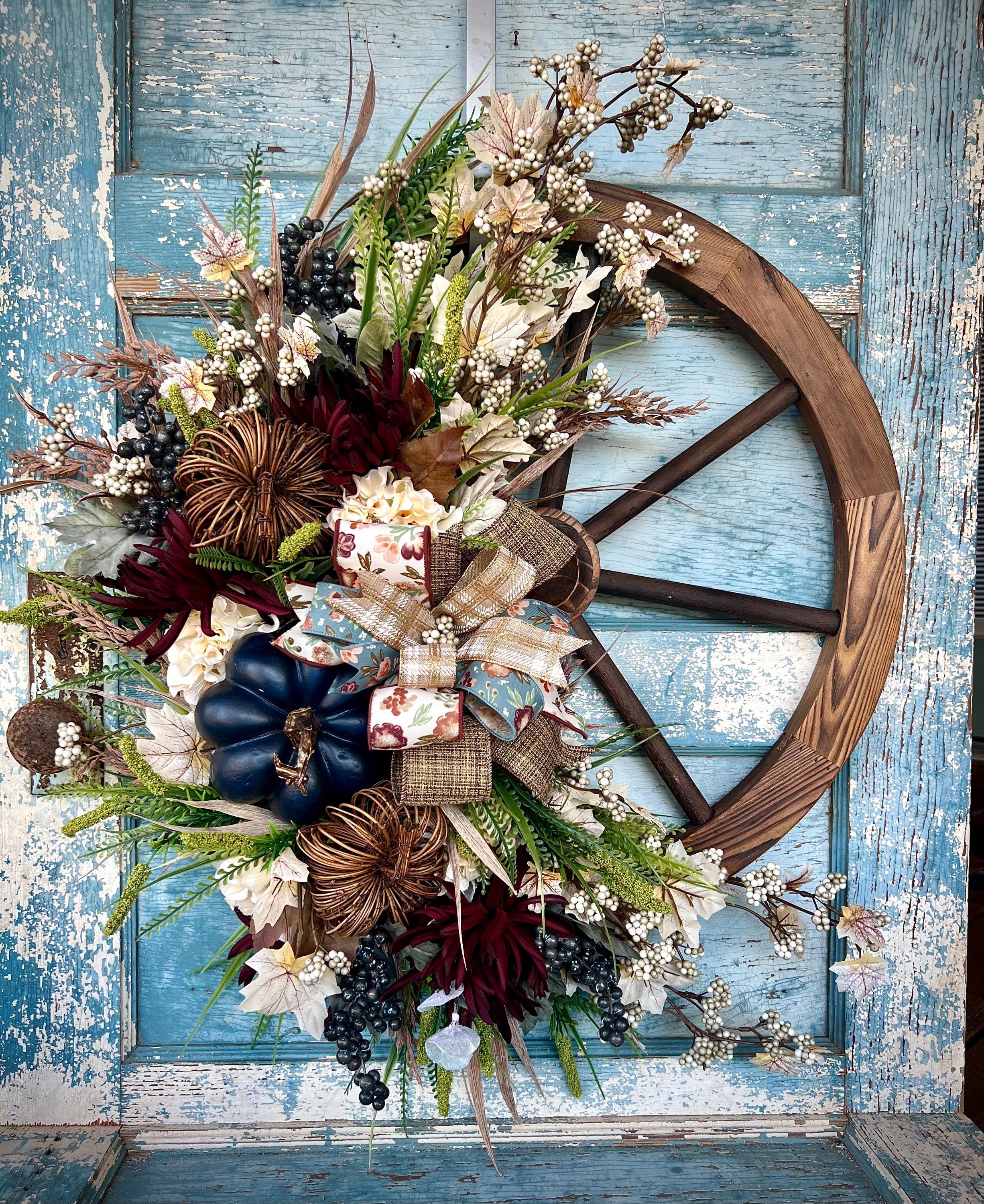 Wagon Wheel Fall Wreath, Wagon Wheel Seasonal Decor, Wagon Wheel Fall ...