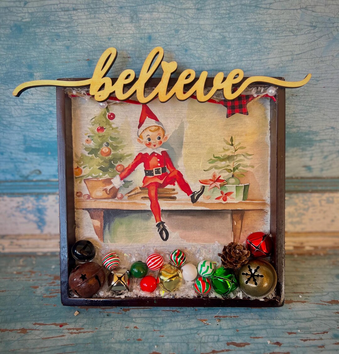 Elf on the Shelf Wooden Sitter, 9”x8” Elf Wooden Shadow Box, Elf on the ...