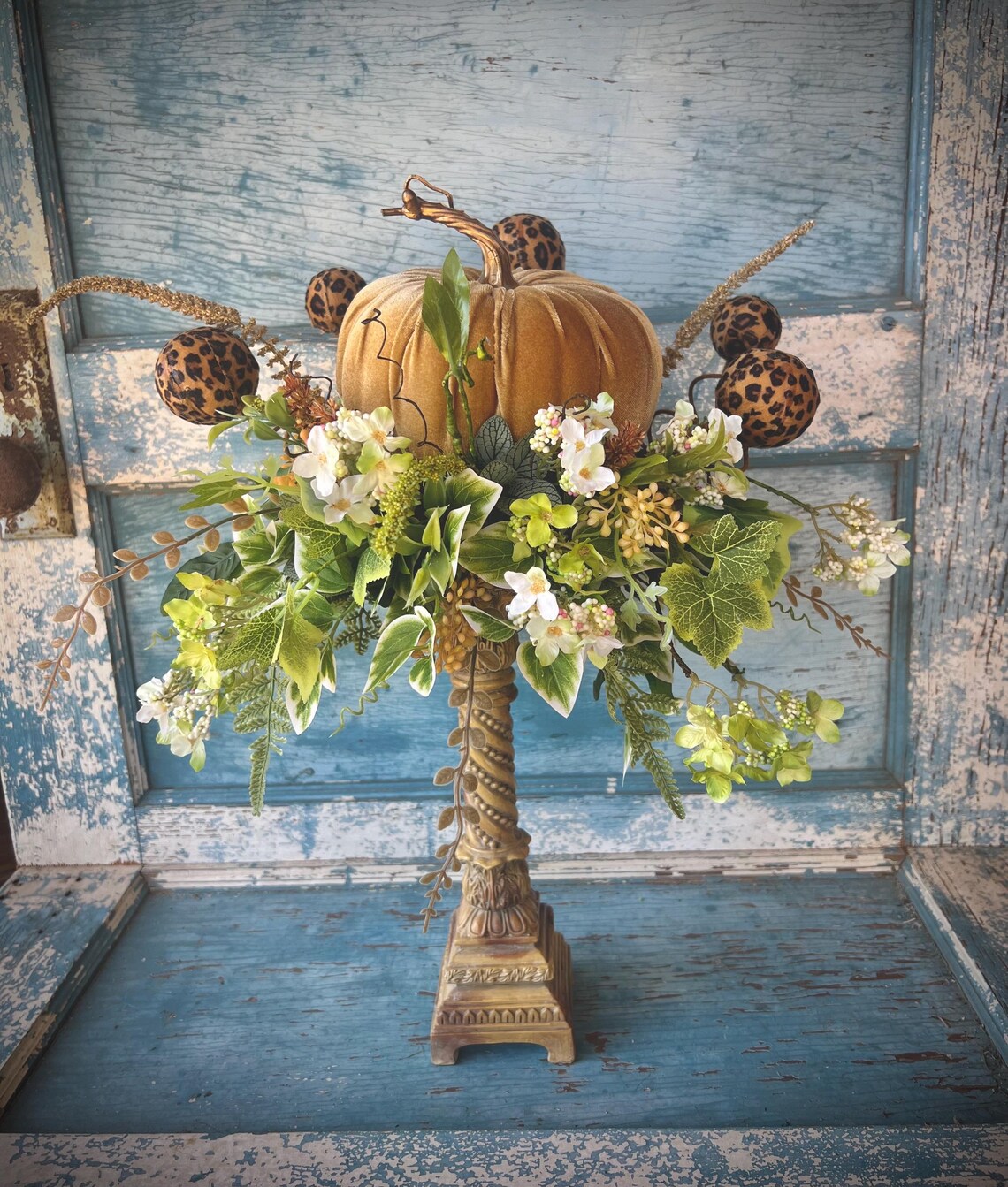 Pumpkin Floral Candlestick Arrangement, Fall Pumpkin Centerpiece, Fall ...