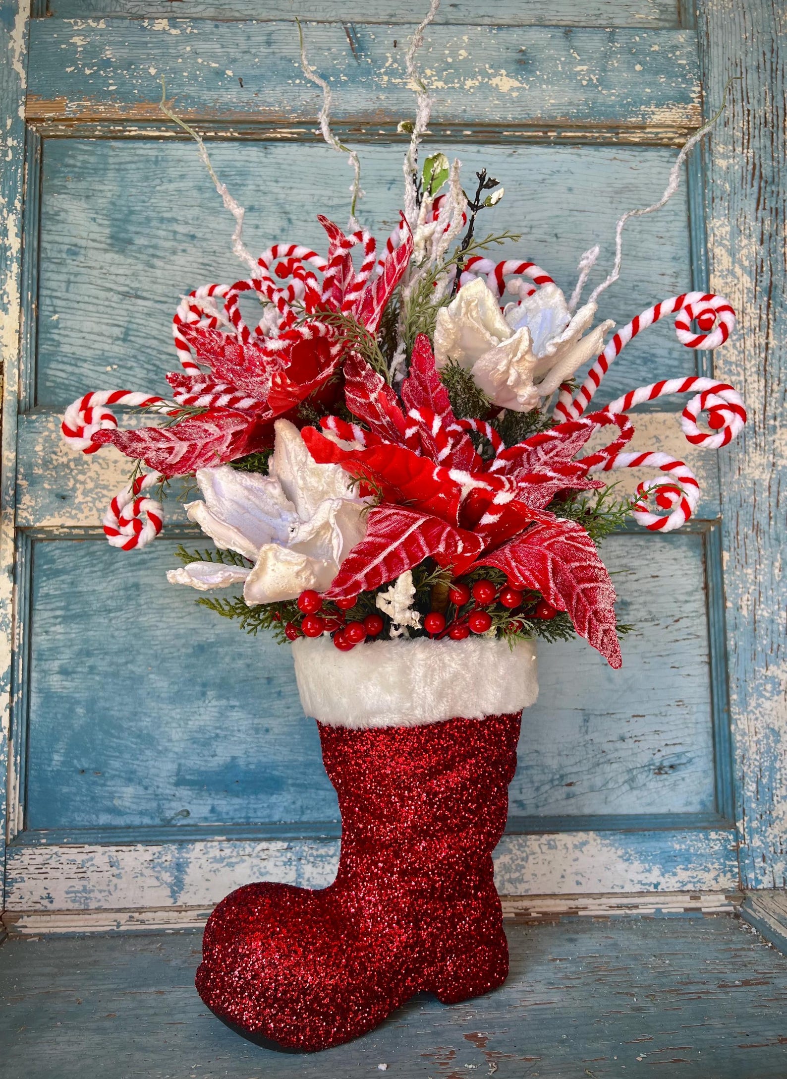 Peppermint Santa Boot Centerpiece: Christmas Poinsettia Floral ...