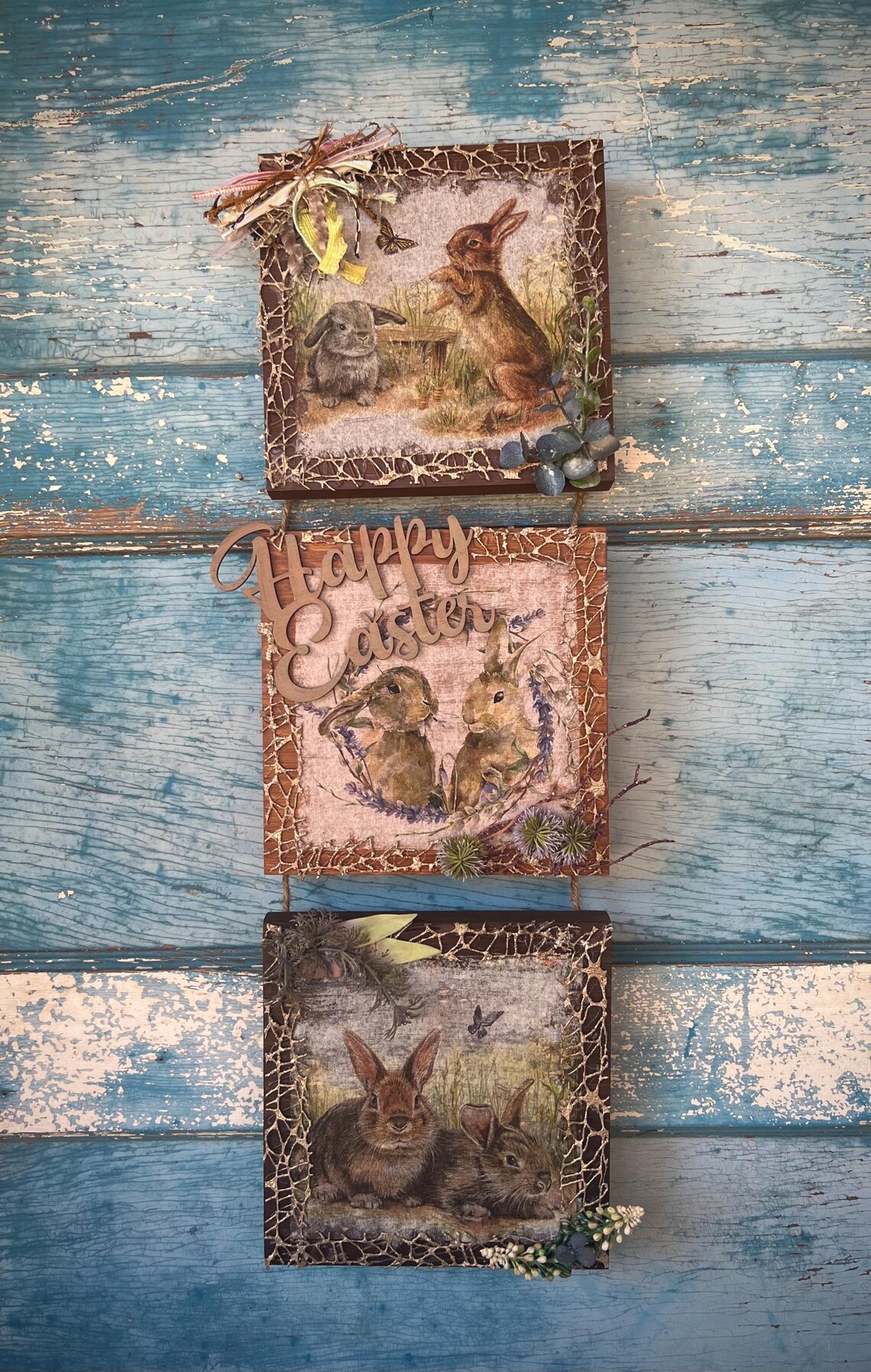 Happy Easter Decoupaged Wooden Plaques, Set/3 Bunny Wall Paques, 26 X 9 ...