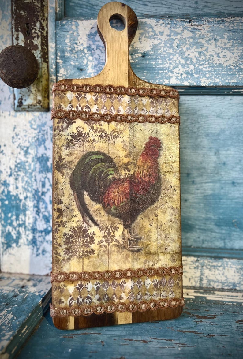 Decoupaged Rooster Charcuterie Board, Rustic Rooster Cutting Board ...