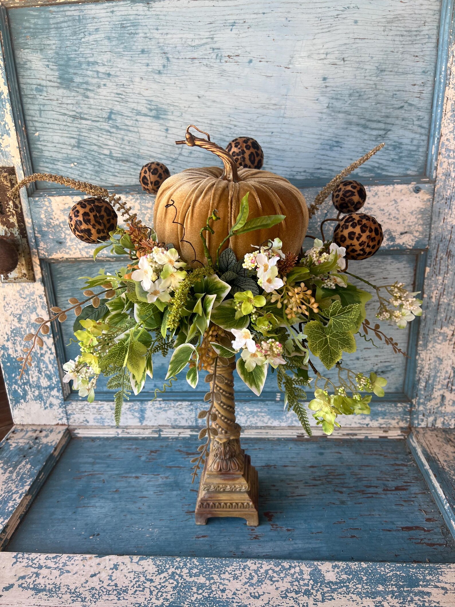 Pumpkin Floral Candlestick Arrangement, Fall Pumpkin Centerpiece, Fall ...
