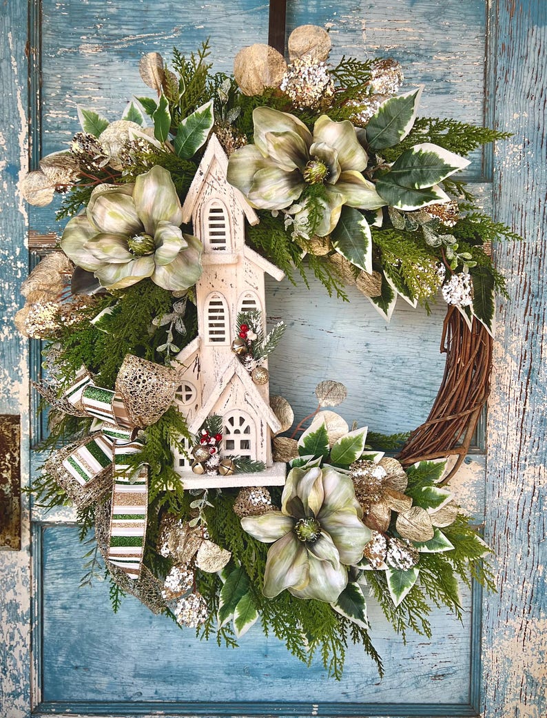 Country Church Grapevine Wreath, 28"x25"x7" Magnolia Christmas-winter ...