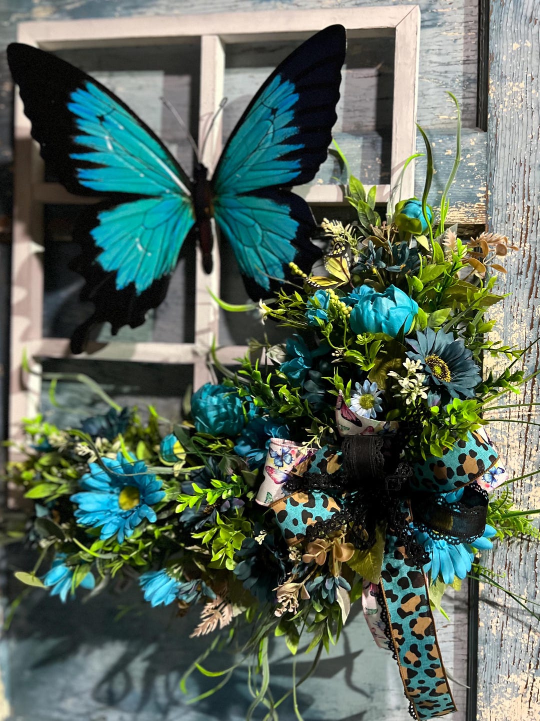 Blue Butterfly and Floral Window Frame, Butterfly Floral Window Frame ...