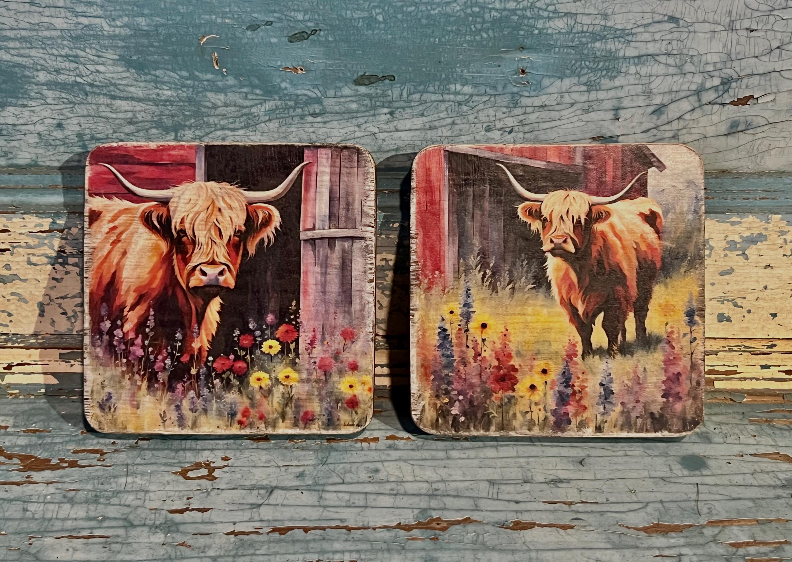 Set/2 Hyland Cow Wooden Coasters, Hyland Cow Decoupaged Wooden Coasters ...