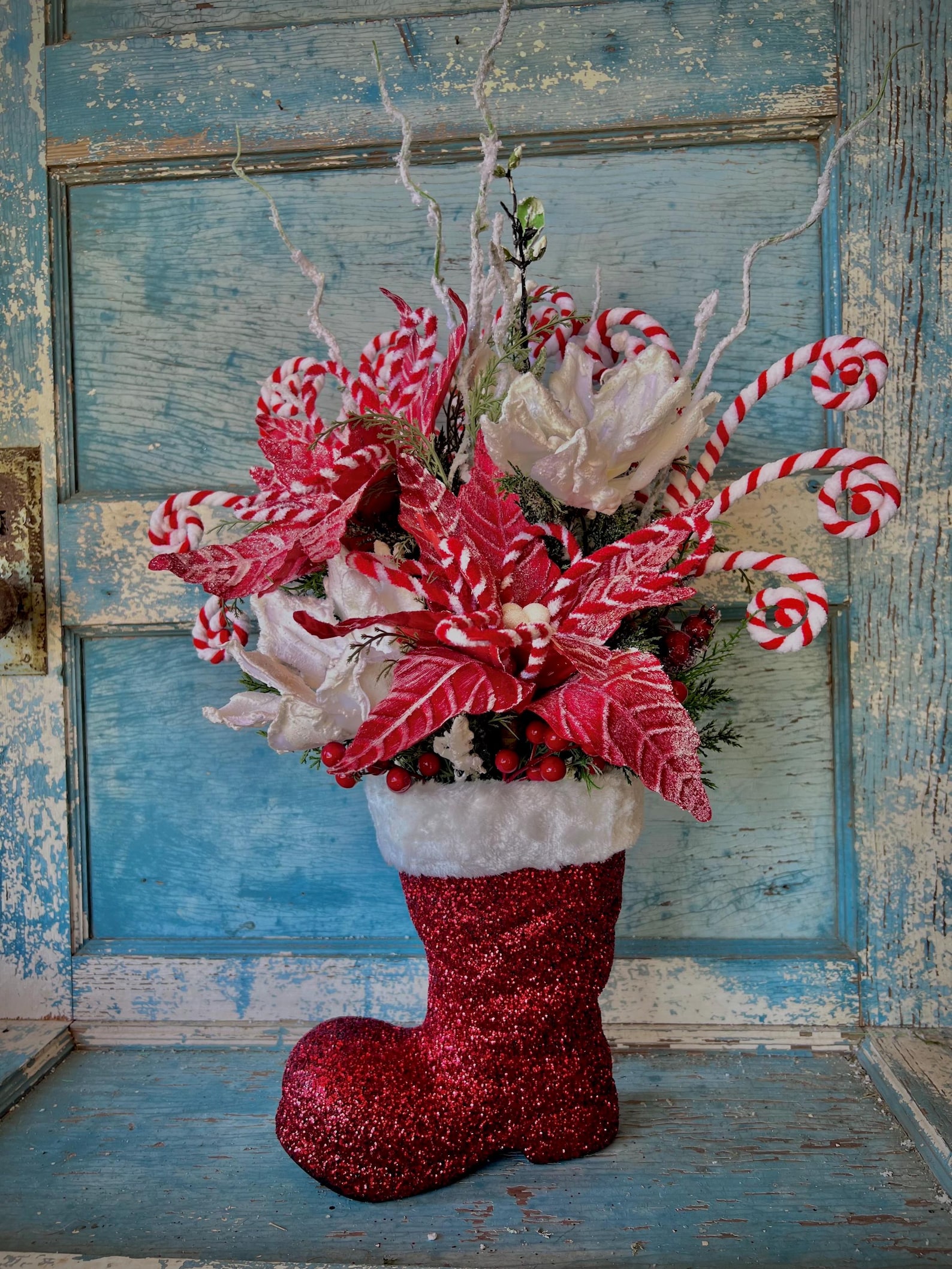 Peppermint Santa Boot Centerpiece: Christmas Poinsettia Floral ...