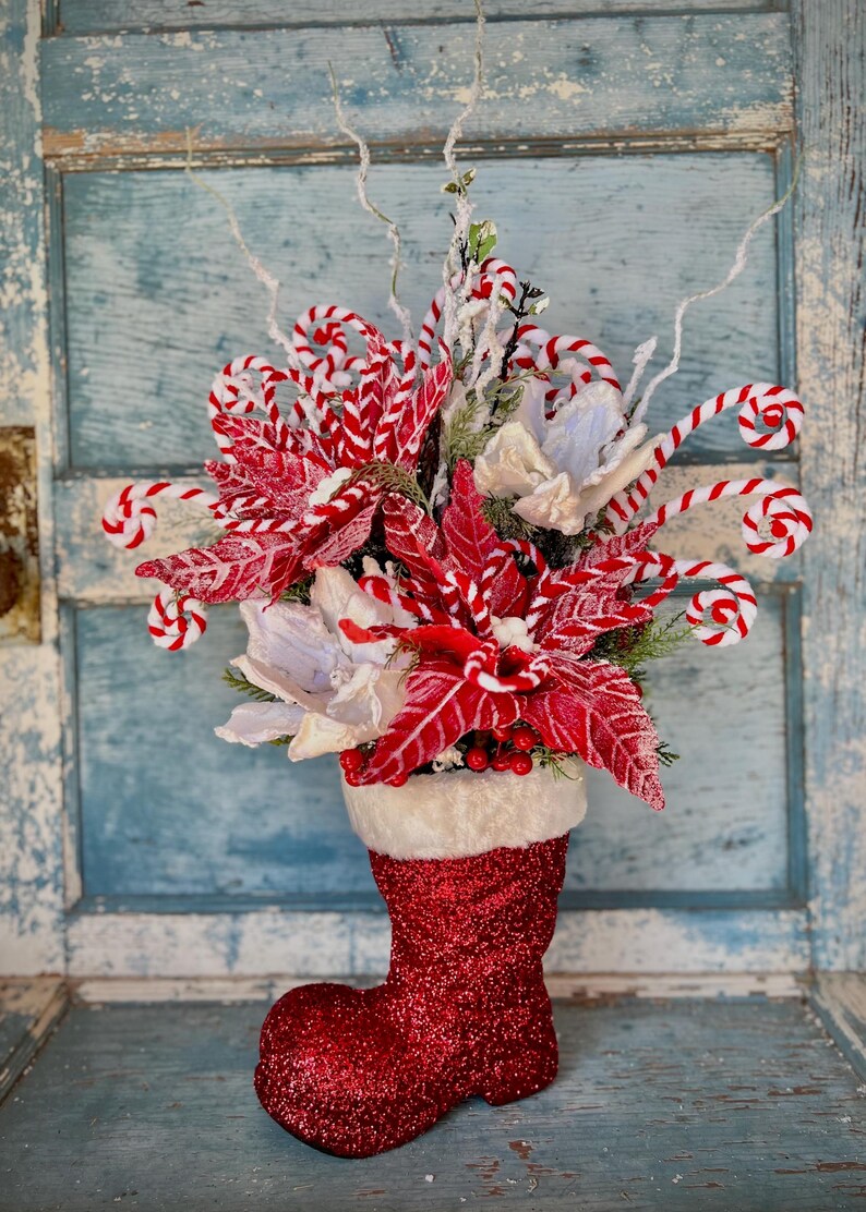 Peppermint Santa Boot Centerpiece: Christmas Poinsettia Floral ...