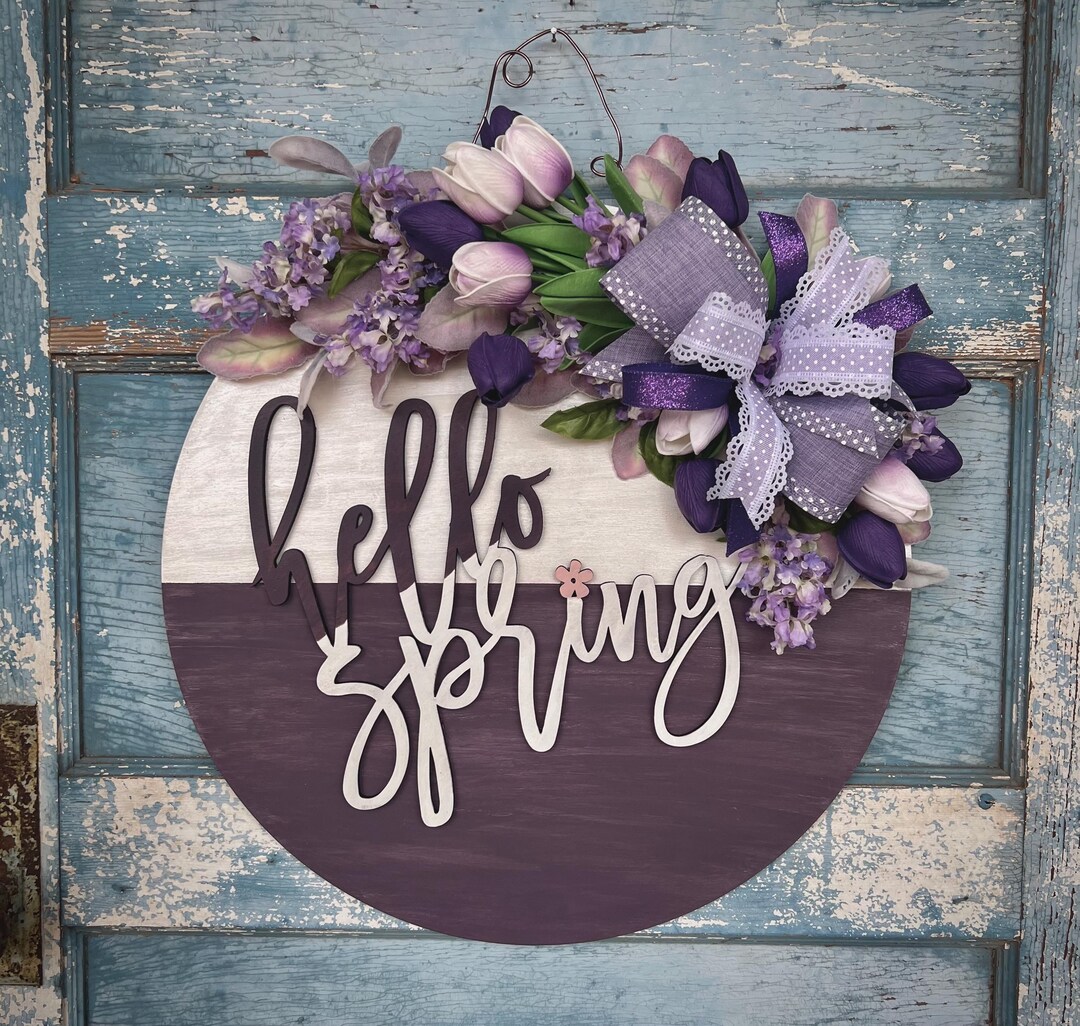 Hello Spring Floral Door Hanger, Spring Wooden Door Design, Purple ...
