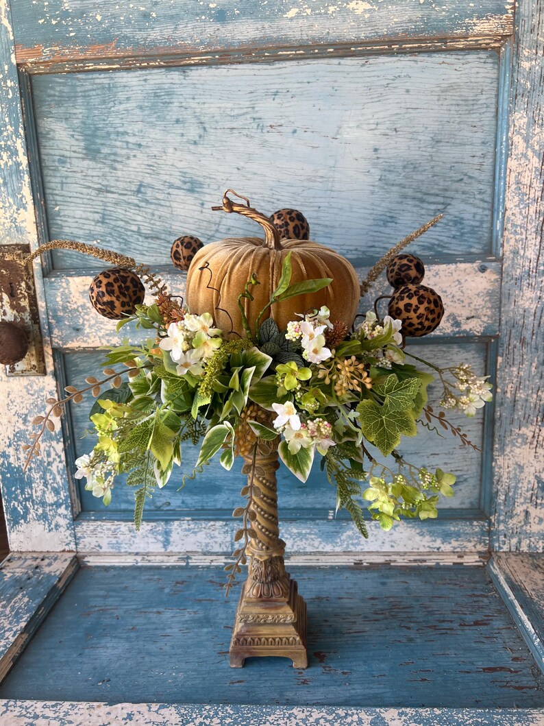 Pumpkin Floral Candlestick Arrangement, Fall Pumpkin Centerpiece, Fall ...