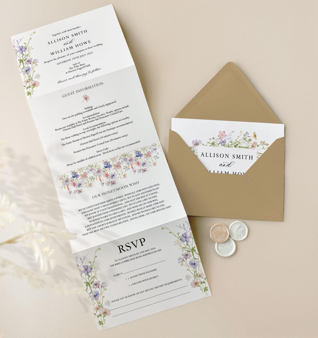Concertina Trifold Wedding Invites, Wild Flower, Floral, Modern Invite ...