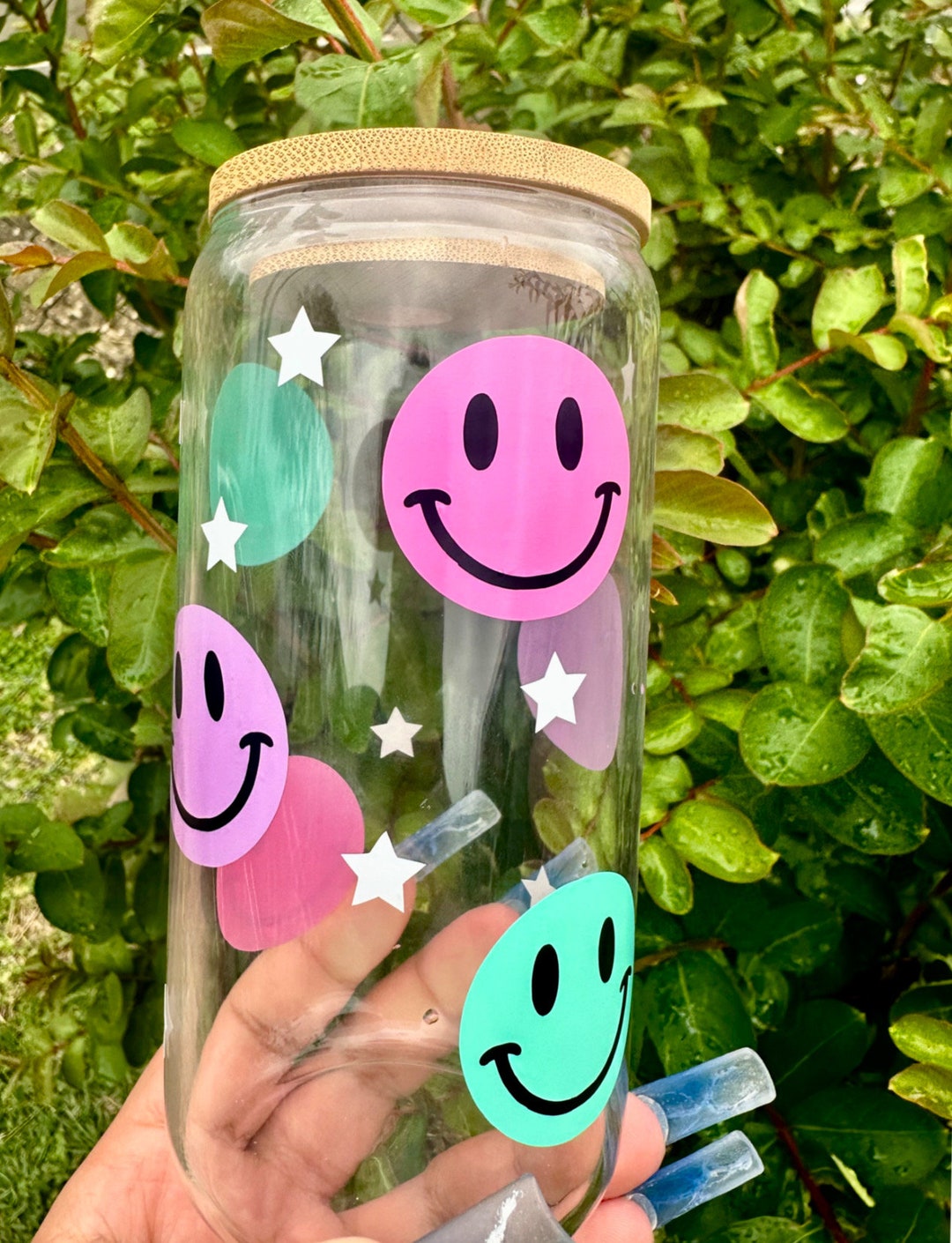 Colorful Smiley Face Glass Tumbler Cup Cute, Custom Cups, Ice Coffe ...