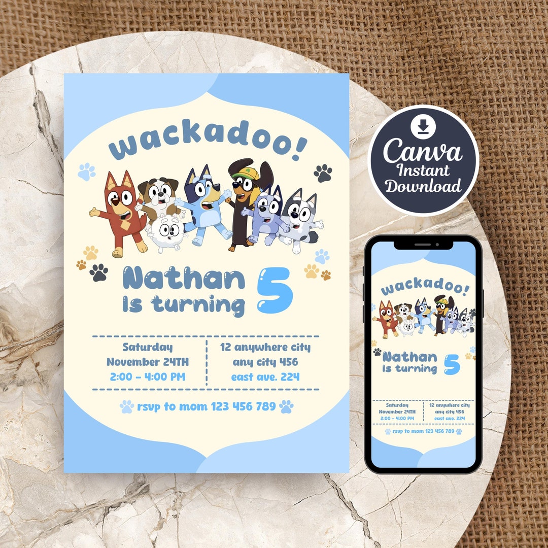 Wackadoo Bluey Birthday Invitation Editable Blue Dog Template Bluey ...