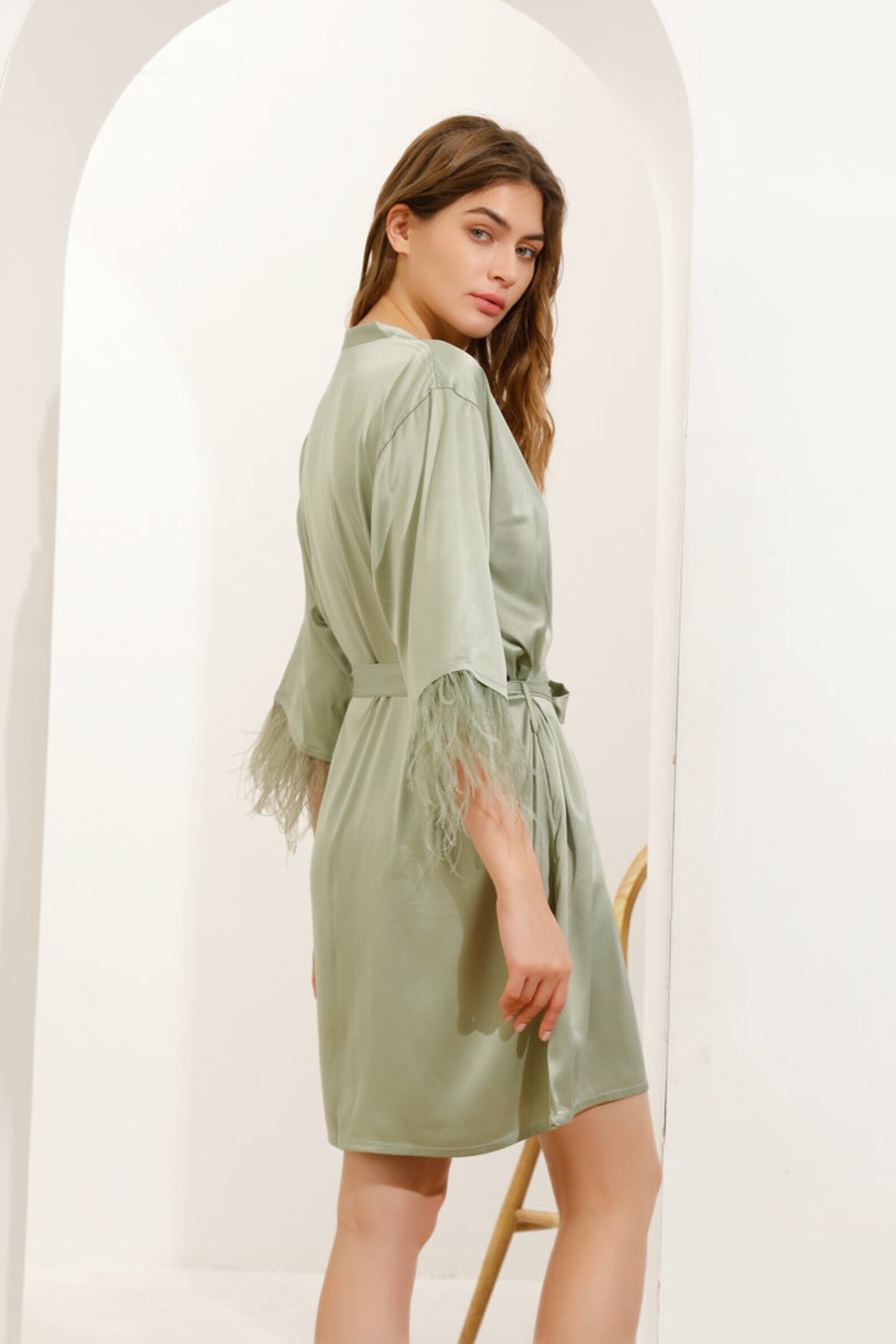 Sage Green Feather Robes, Birthday Gift, Wedding Robes, Bridesmaid Gift ...