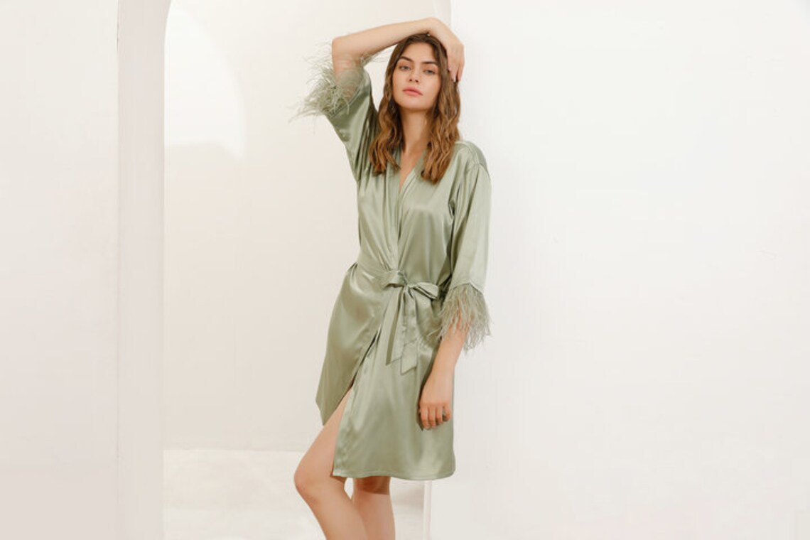 Sage Green Feather Robes, Birthday Gift, Wedding Robes, Bridesmaid Gift ...