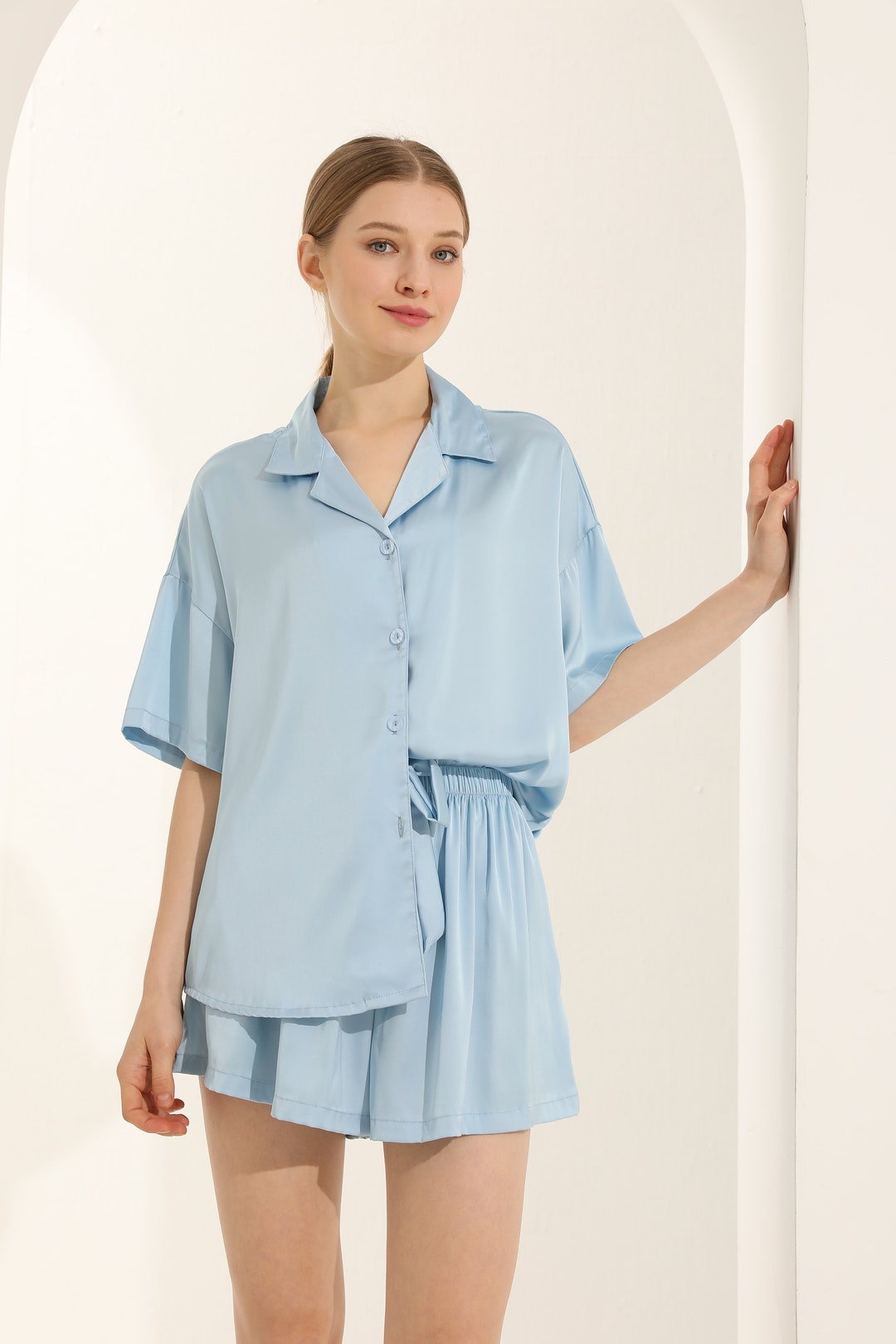 Pale Blue Satin Pyjama Set, Oversized Fit Satin Pyjamas, Short Sleeves ...