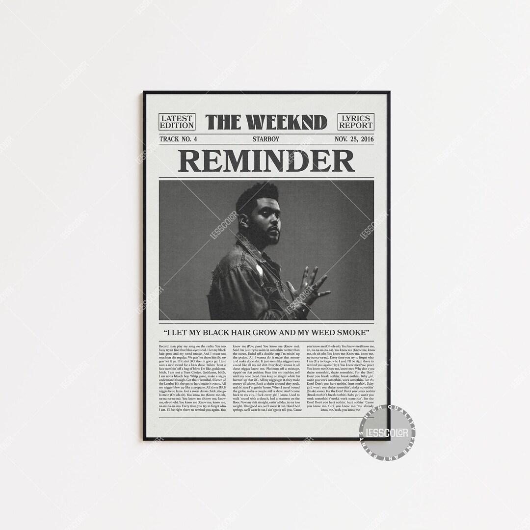 The Weeknd Retro Newspaper Print, Reminder Poster, Reminder Lyrics ...
