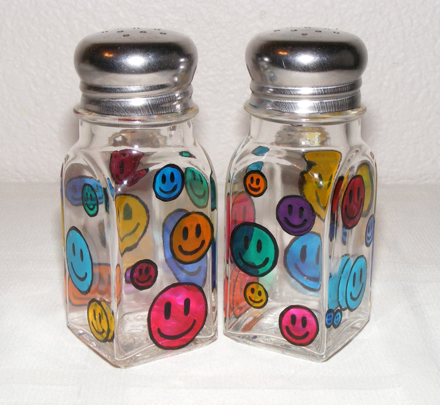 Hand Painted Glass Salt and Pepper Shakers Happy Faces One | Etsy